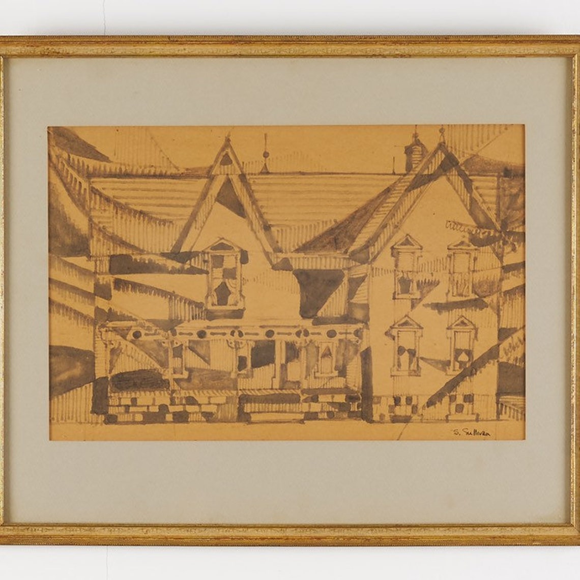 Midcentury Abstract Architectural Watercolor Painting on Paper by ...