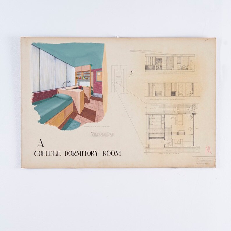 Mid Century Modern Design Architectural Drawing on Mat Board From Rice ...