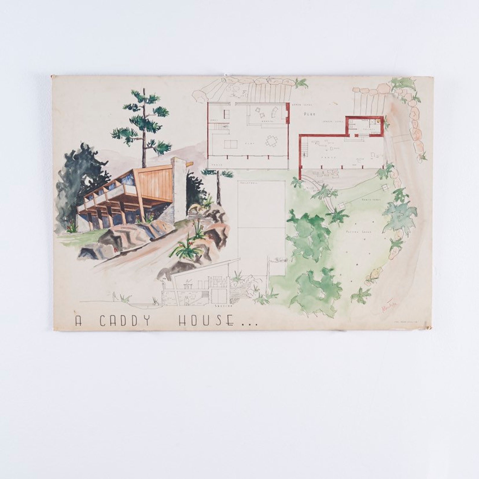 Mid Century Modern Design Architectural Drawing on Mat Board From Rice ...