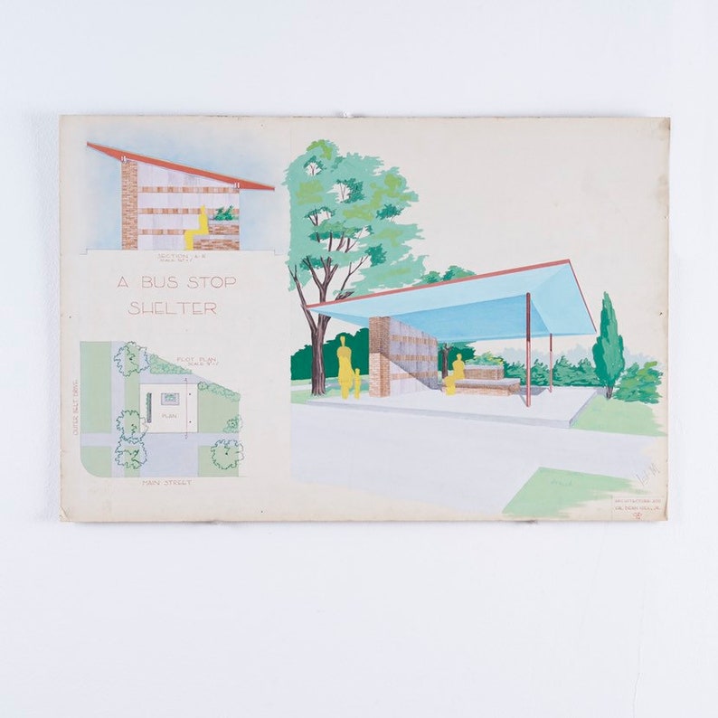 Mid Century Modern Design Architectural Drawing on Mat Board From Rice ...