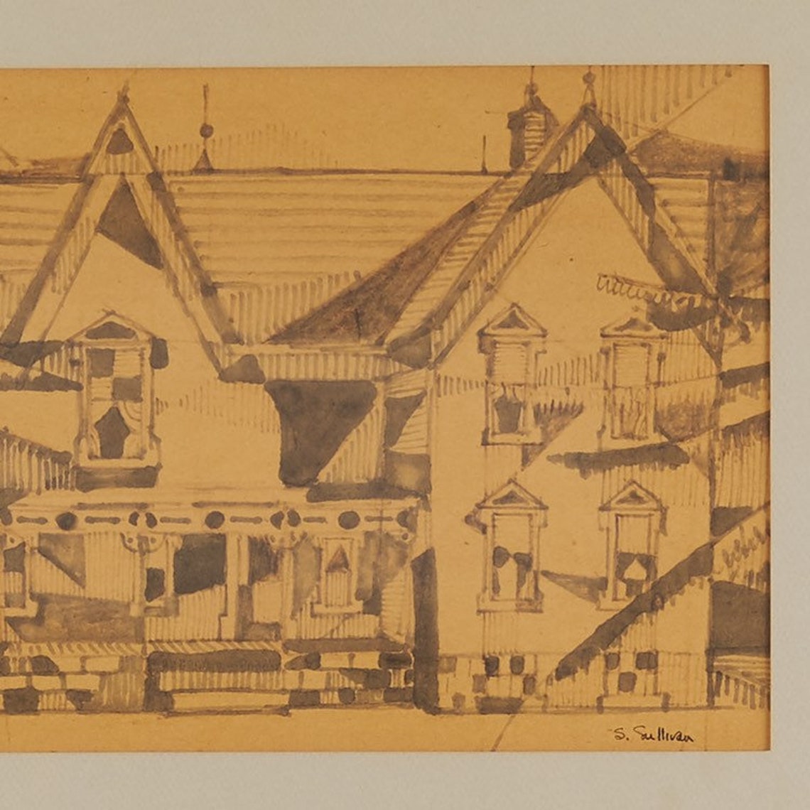 Midcentury Abstract Architectural Watercolor Painting on Paper by ...