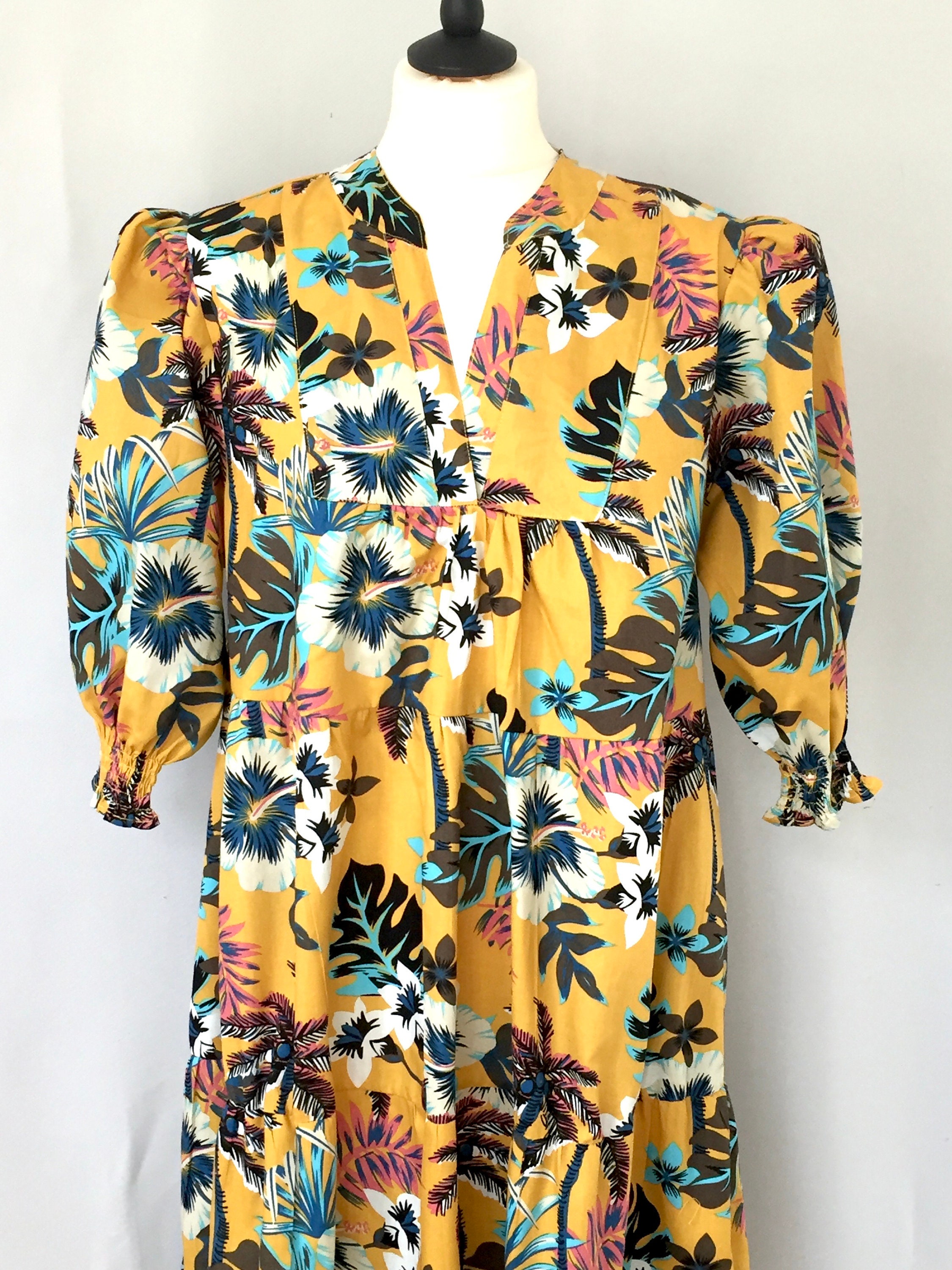 Yellow Palm Tree Prints Dress Tropical Floral Dress Balloon Sleeves ...