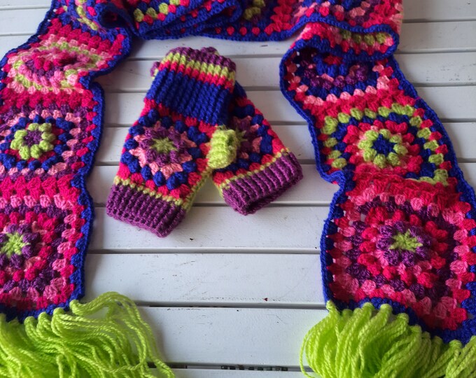 Colorful Crochet Scarf,neon Granny Square Scarf and Gloves Handmade ...