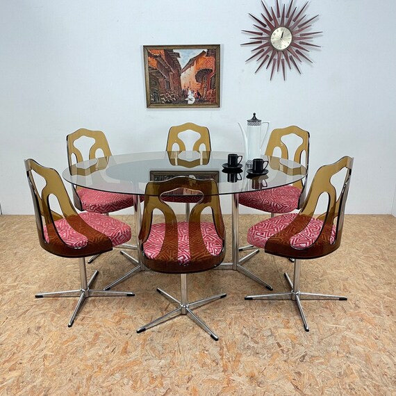Mid Century 1960s Smoked Perspex Chairs and Glass Table