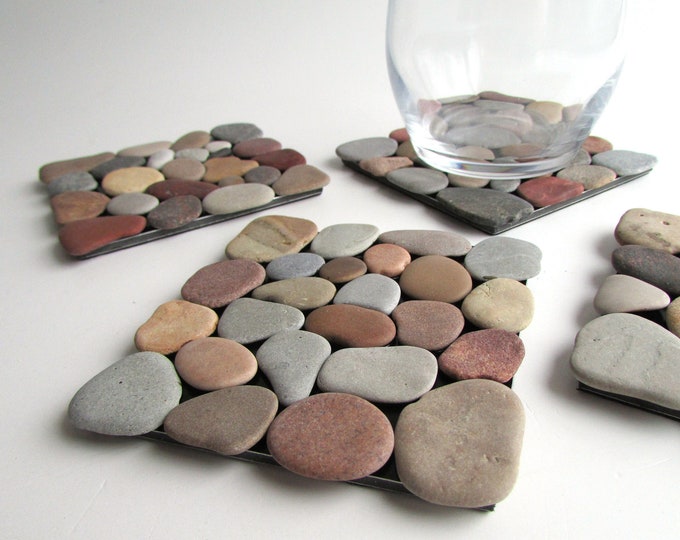 Pebble Coaster Stone Mosaic Coaster Coastal Beverage - Etsy