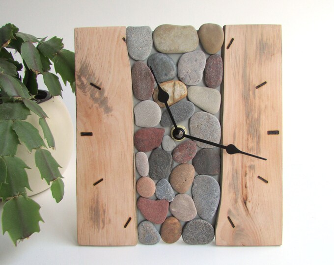 Wood & Stone Clock 6.5, Coastal Desk Clock, Wooden Desk Clock, Natural ...