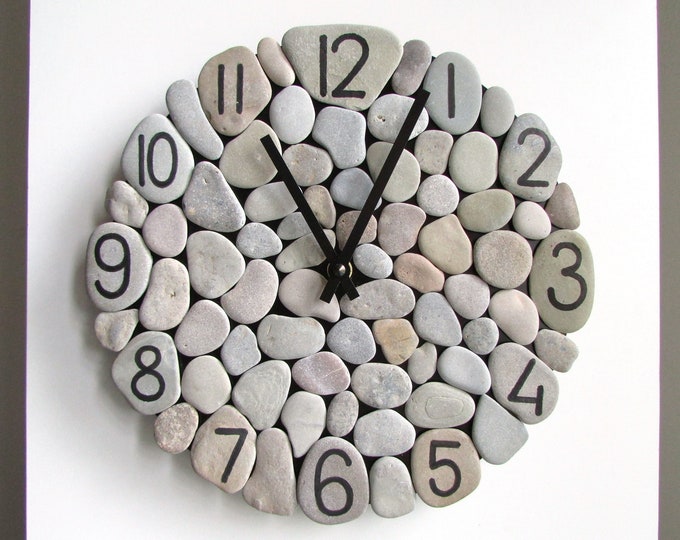 Gray Stone Mosaic Clock 10, Pebble Art Clock, Stone Wall Clock, Beach ...