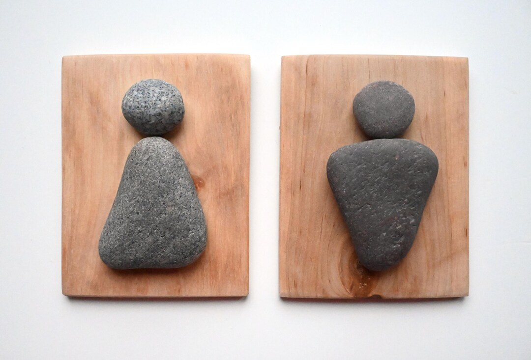 Wooden WC Signs, Gray Stone Toilet Signs, Pebble Art, Rock Restroom ...