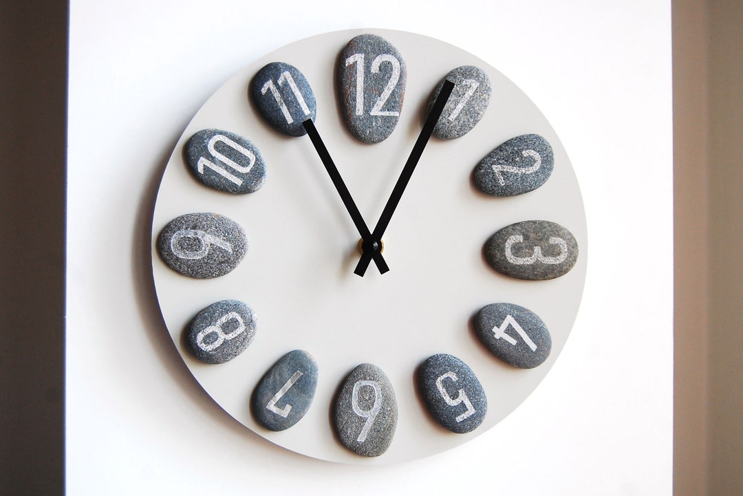 Gray Stone Clock 9.5", Coastal Stone Clock, Sea Pebble Art Wall Clock ...