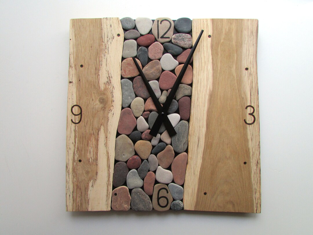 Large Decorative Clock 16", Oak & Stone, Pebble Art Clock, Stone Wall ...