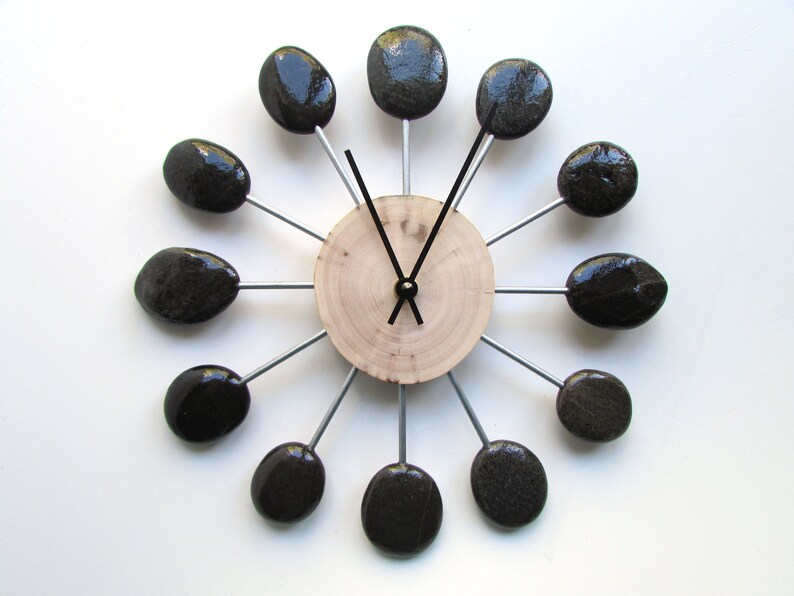 Black Stone Clock 11.5 Coastal Rustic Wood & Stone - Etsy