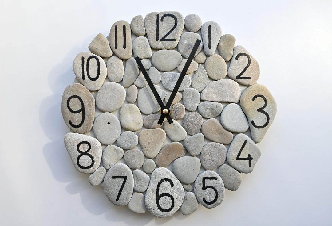Gray Stone Mosaic Clock 10", Pebble Art Clock, Stone Wall Clock, Beach ...