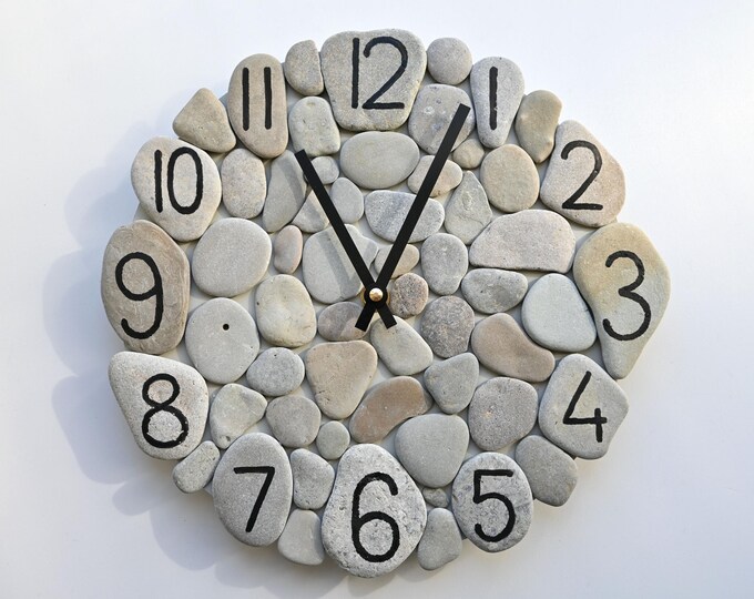 Gray Stone Mosaic Clock 10", Pebble Art Clock, Stone Wall Clock, Beach ...