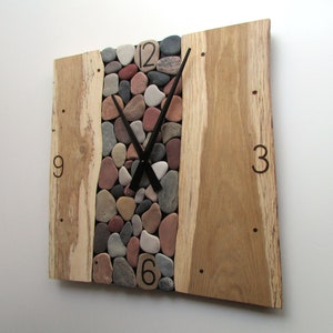Large Decorative Clock 16", Oak & Stone, Pebble Art Clock, Stone Wall ...