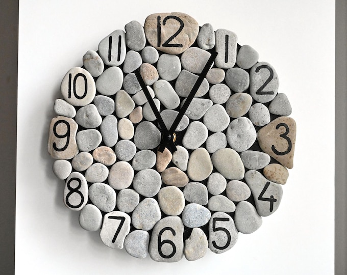 Gray Stone Mosaic Clock 10", Pebble Art Clock, Stone Wall Clock, Beach ...