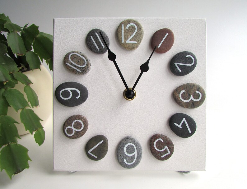 Colorful Stone Clock 6.5", Pebble Art Clock, Small Stone Table Clock ...