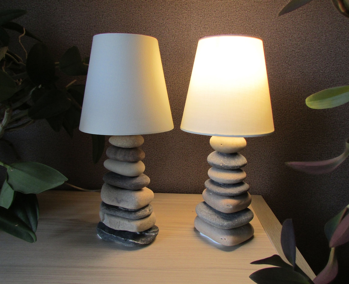 Grey Stone Lamps Coastal Stone Stack Bedside Lamp Night | Etsy