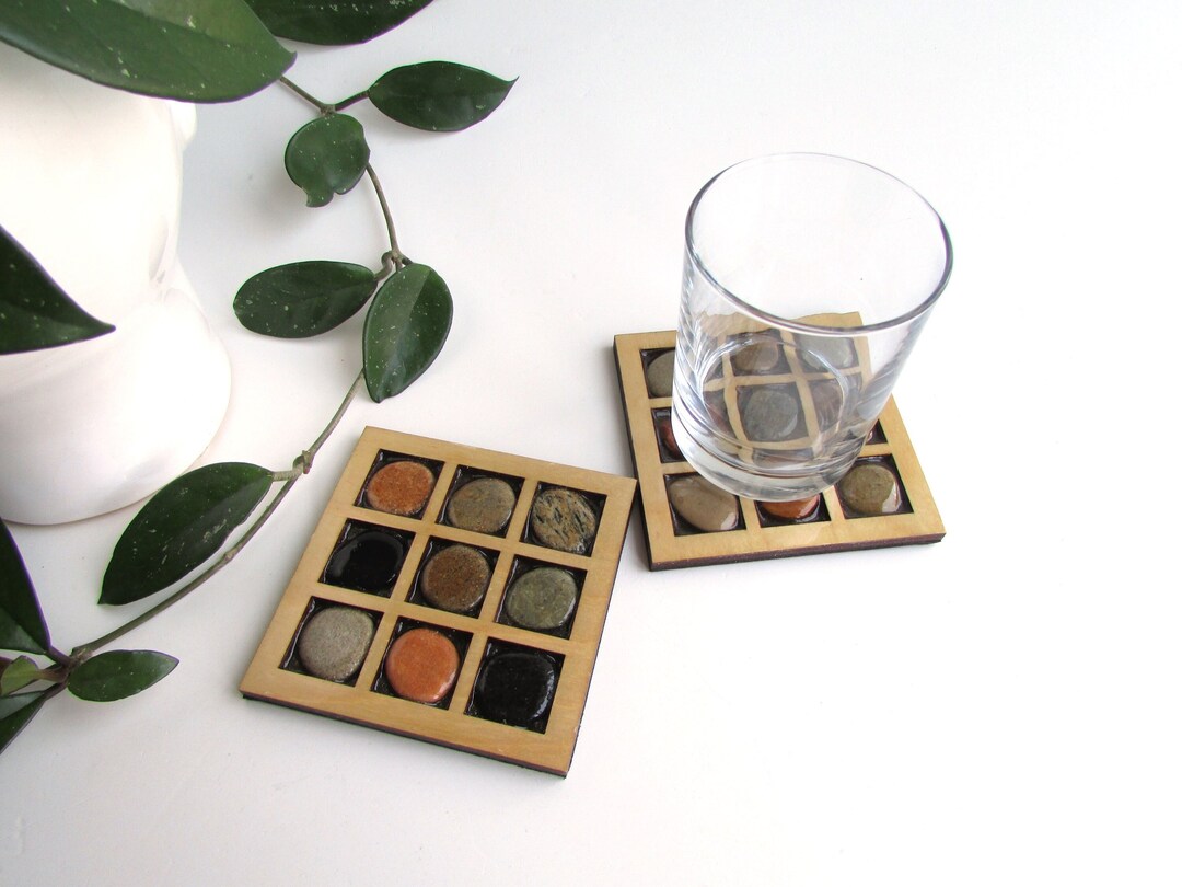 Pebble Art Coasters, Set of 2, Stone and Wood Beverage Coasters, Drink ...