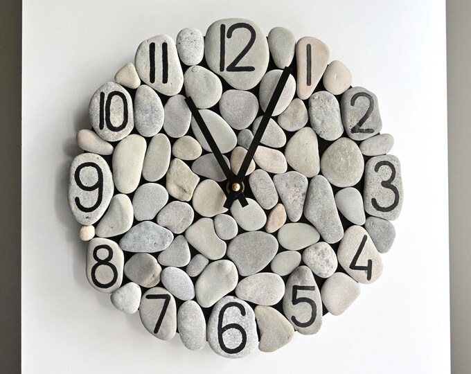 Gray Stone Mosaic Clock 10", Pebble Art Clock, Stone Wall Clock, Beach ...
