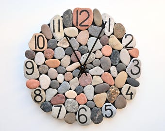 Gray Stone Mosaic Clock 10, Pebble Art Clock, Stone Wall Clock, Beach ...