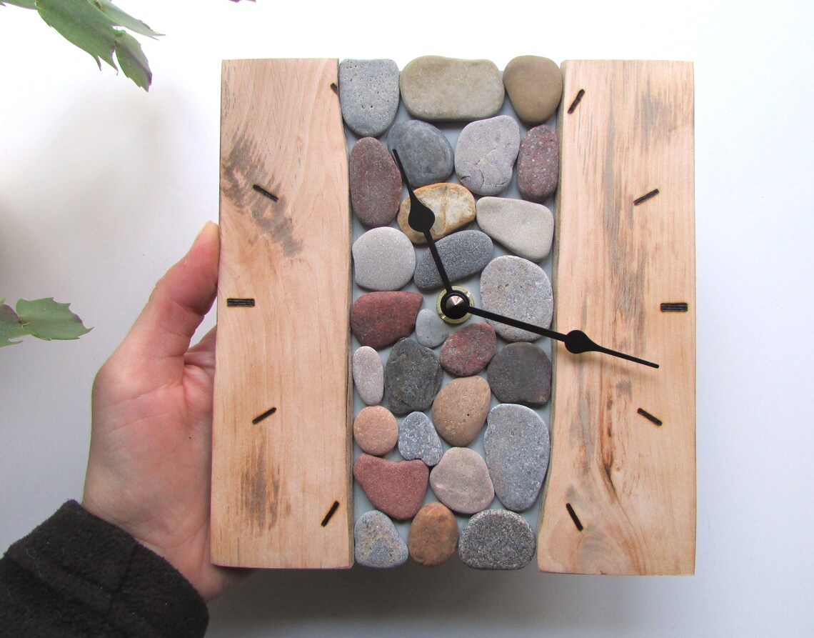 Wood & Stone Clock 6.5 Coastal Desk Clock Wooden Desk - Etsy