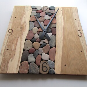 Large Decorative Clock 16", Oak & Stone, Pebble Art Clock, Stone Wall ...