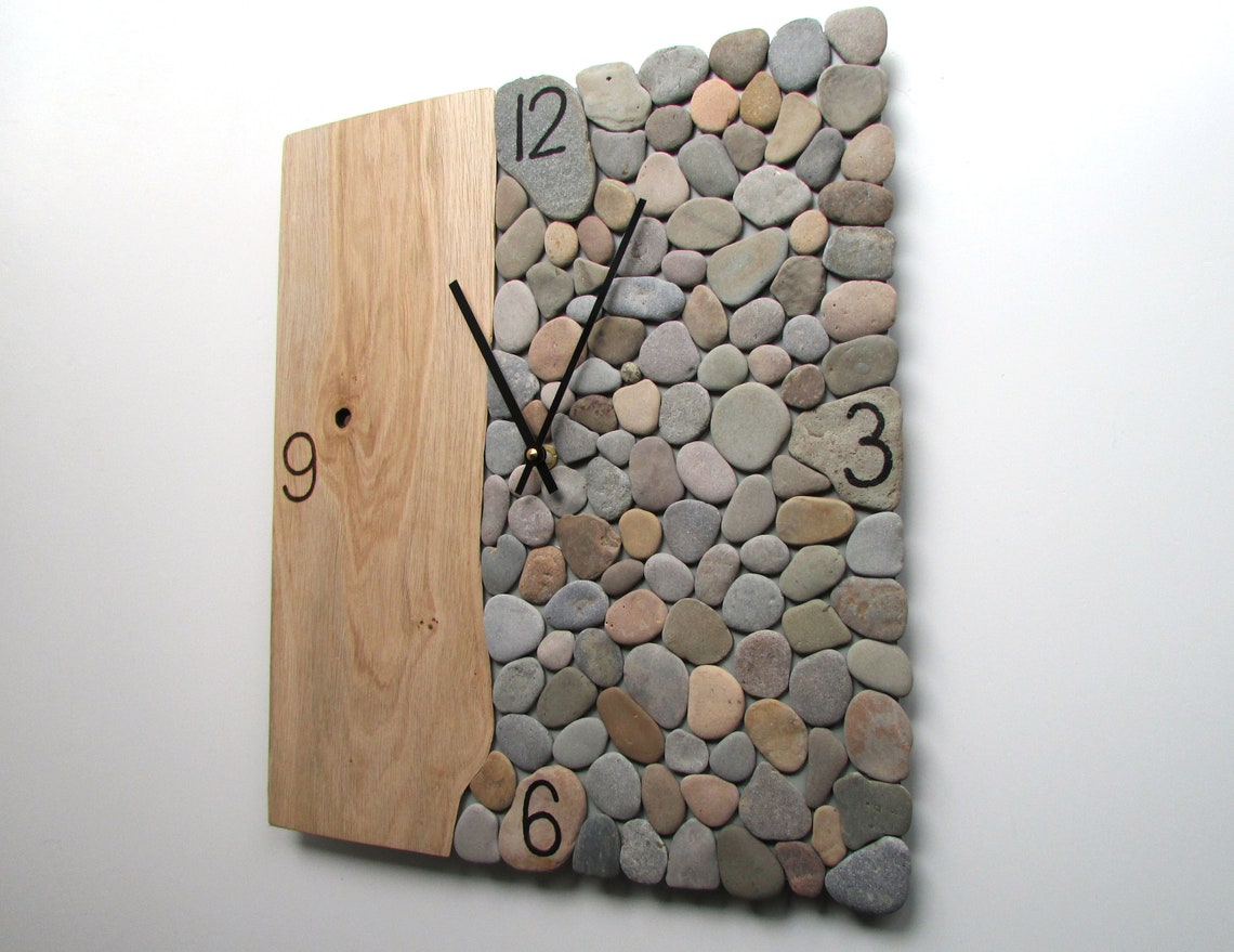 Large Decorative Clock 16 Oak & Stone Pebble Art - Etsy