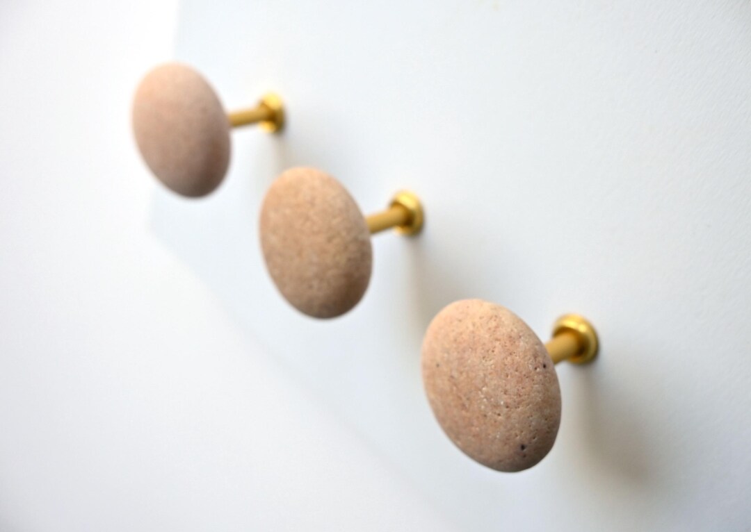 3 Stone Wall Hooks, Gold Color, Pebble Wall Hooks, Coastal Bathroom ...