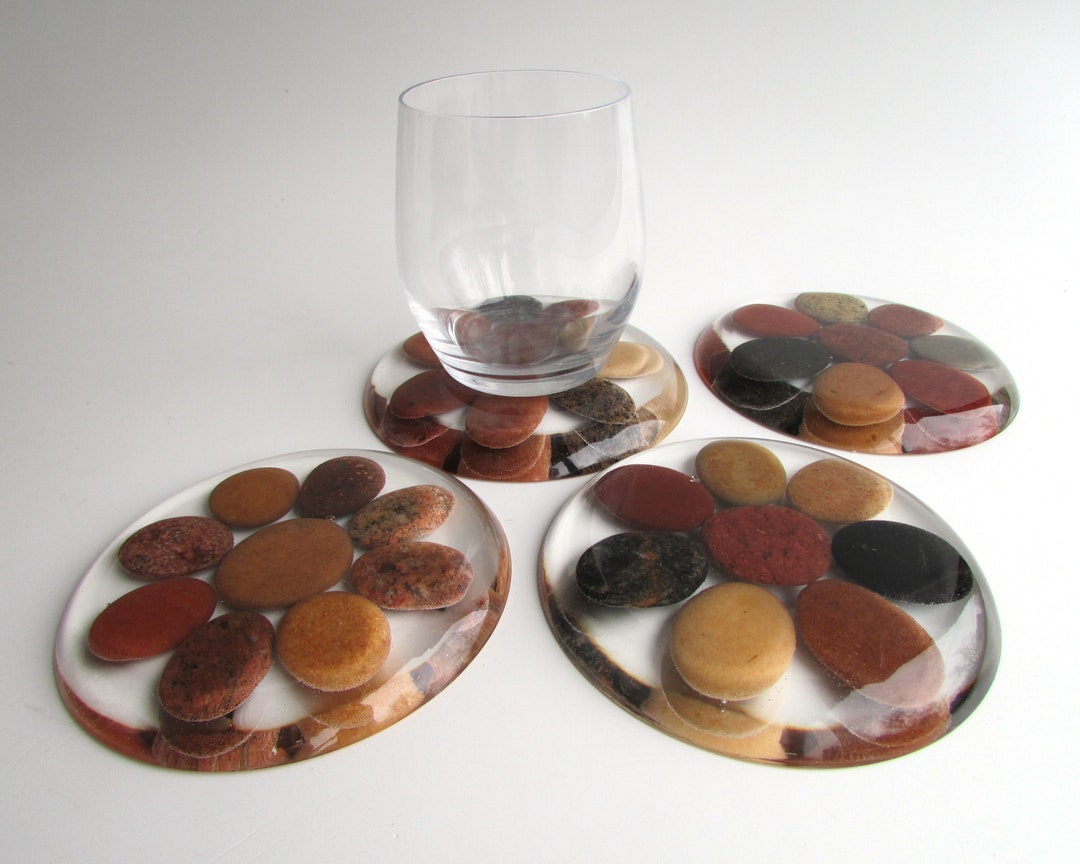 Epoxy Resin Coaster With Beach Pebbles, Stone Beverage Coaster, Coastal ...