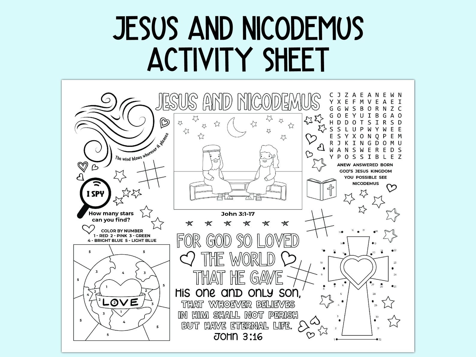 Jesus and Nicodemus Activity Sheet, Children's Church Activity, Bible ...
