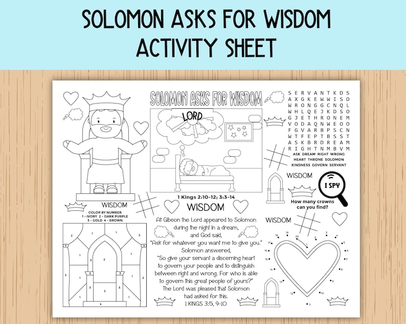 Solomon Asks for Wisdom Activity Sheet, 1 Kings 2, King Solomon ...