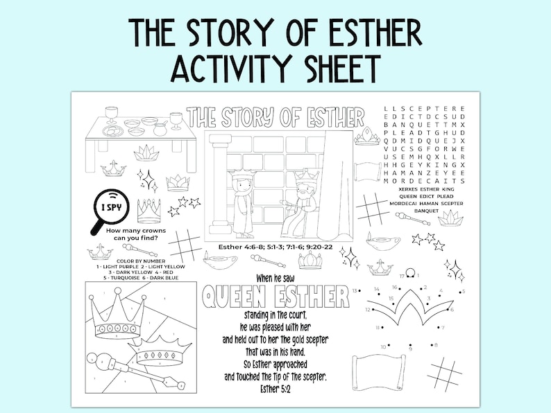The Story of Esther Activity Sheet, Children's Church Activity, Bible ...