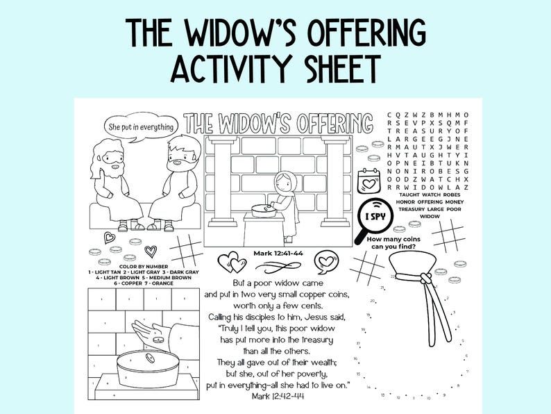 The Widow's Offering Activity Sheet, Children's Church, Bible Activity ...