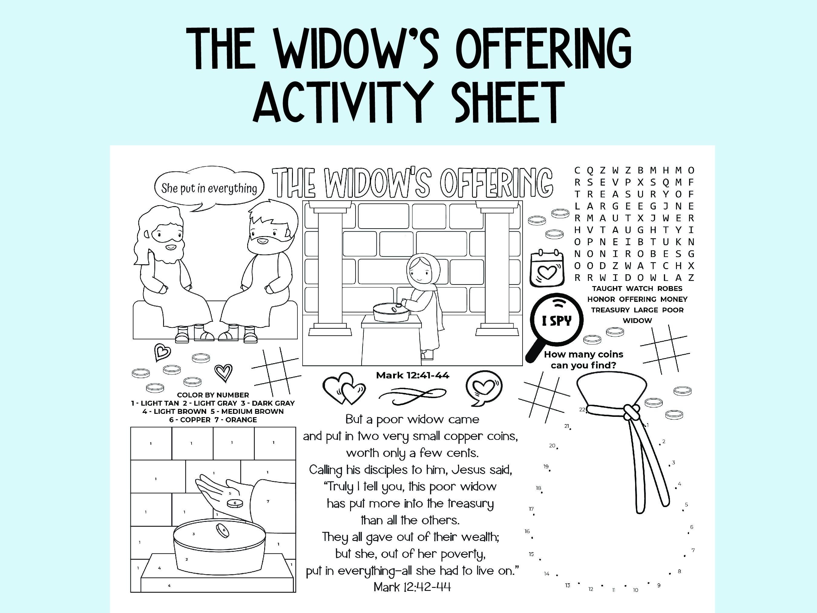 The Widow's Offering Activity Sheet, Children's Church, Bible Activity ...