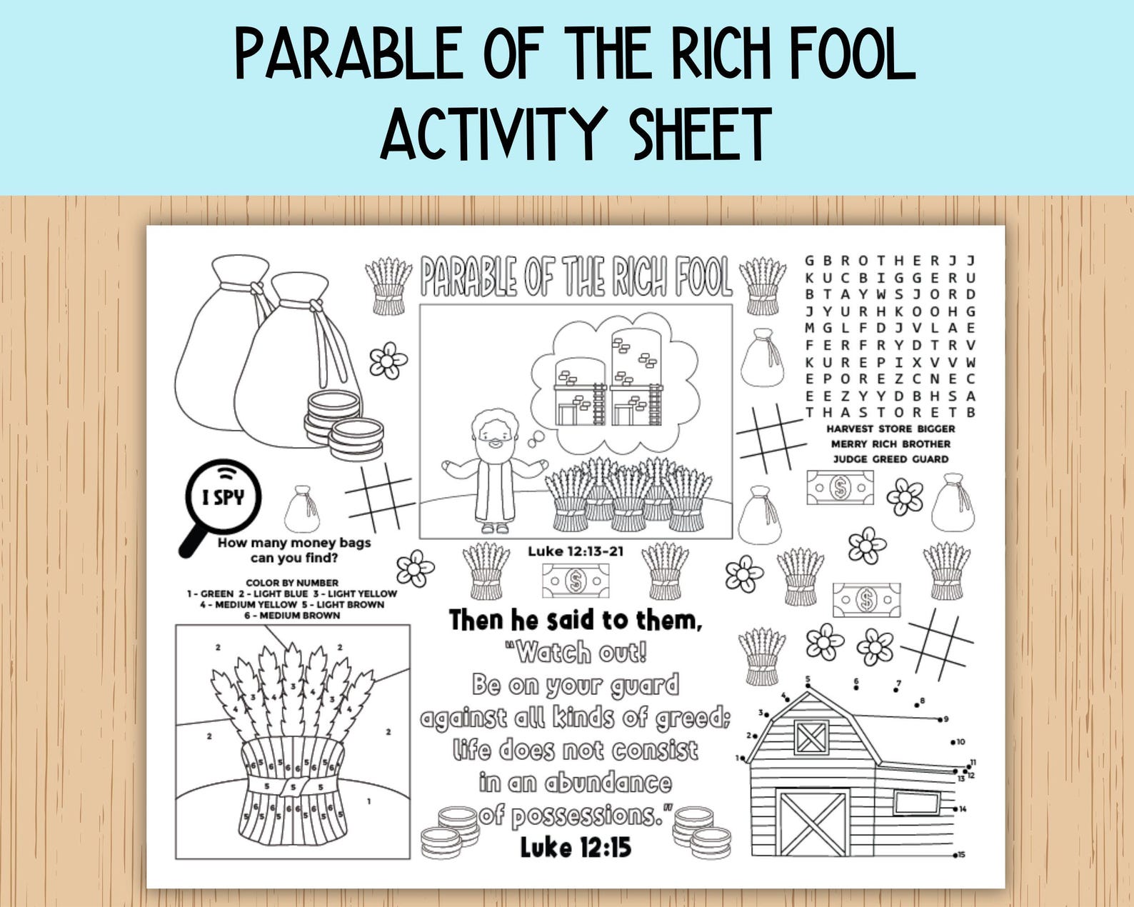 Parable of the Rich Fool Activity Sheet, Children's Church Activity ...