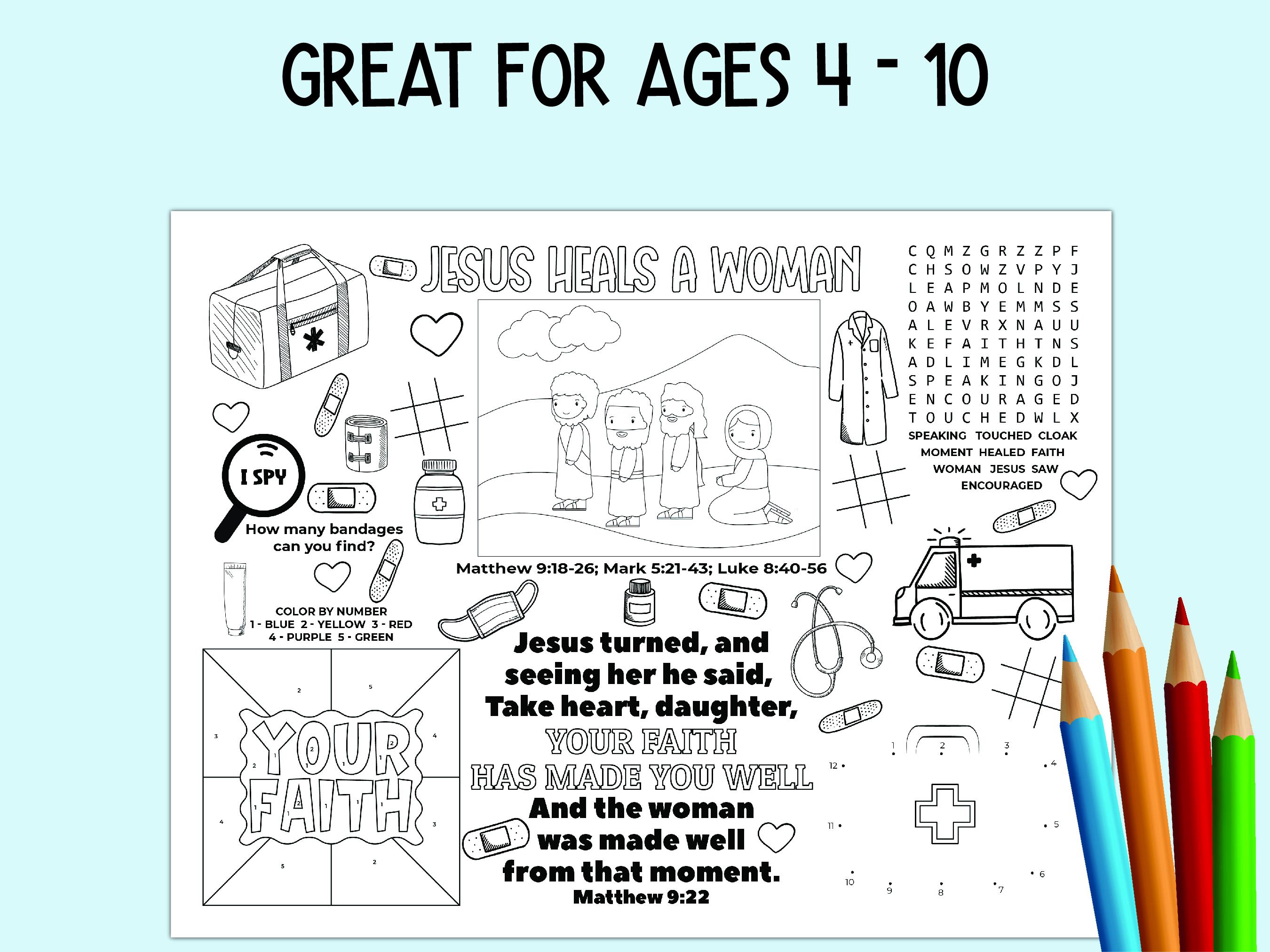 Jesus Heals a Sick Woman Activity Sheet, Children's Church Activity, Bible Activity Placemat for ...
