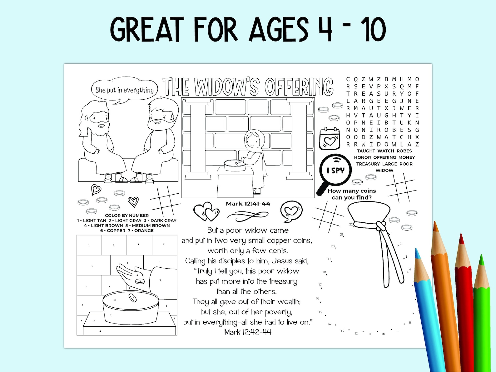 The Widow's Offering Activity Sheet, Children's Church, Bible Activity ...