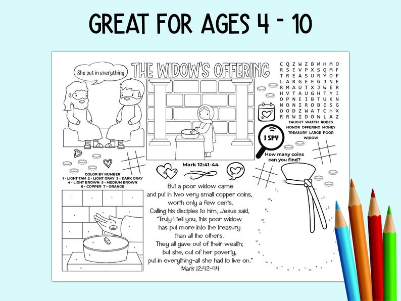 The Widow's Offering Activity Sheet, Children's Church, Bible Activity ...