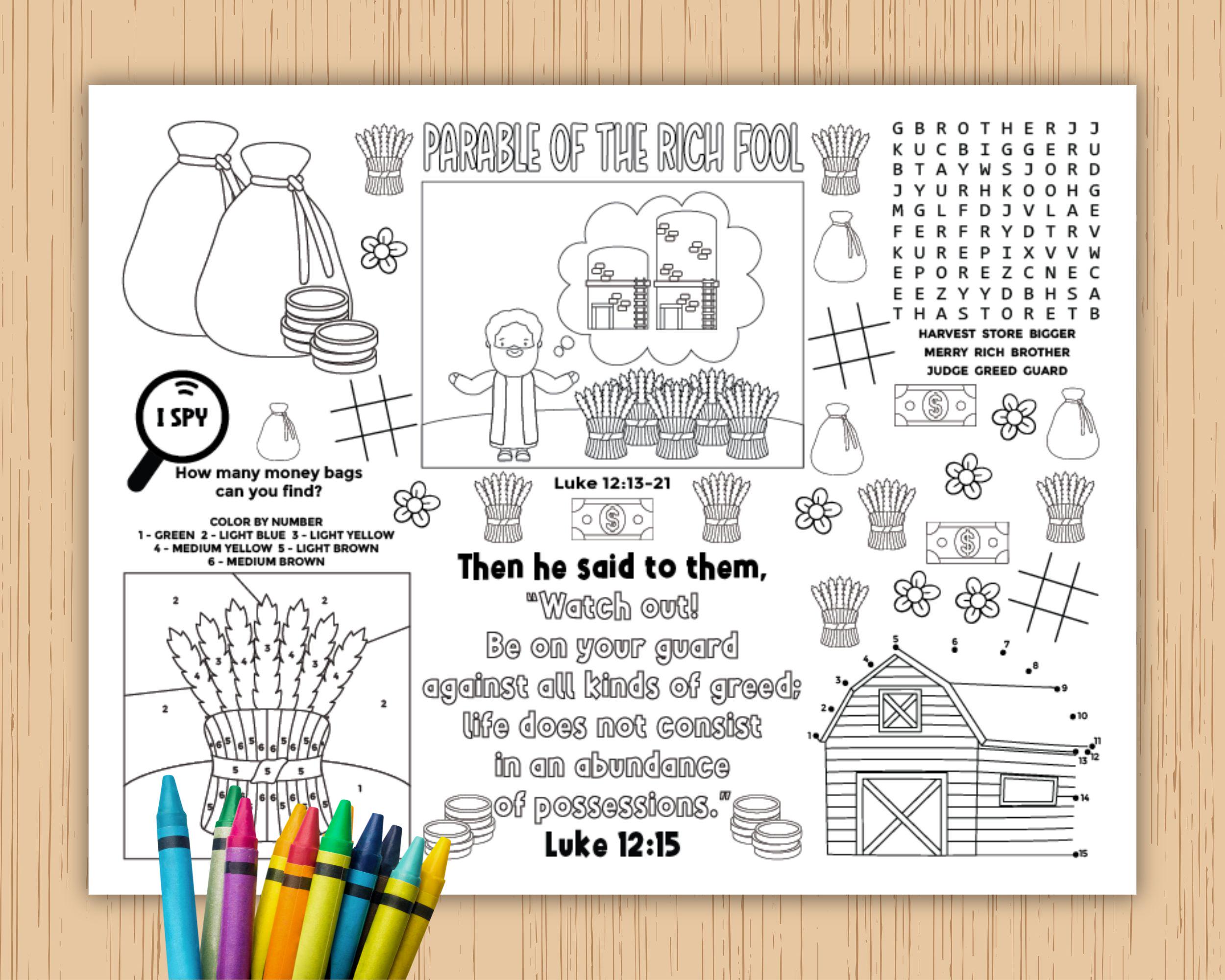 Parable of the Rich Fool Activity Sheet, Children's Church Activity ...