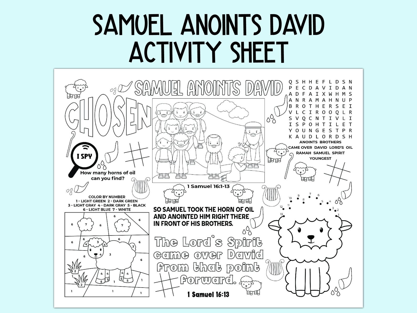 Samuel Anoints David Activity Sheet, Children's Church Activity, Bible ...