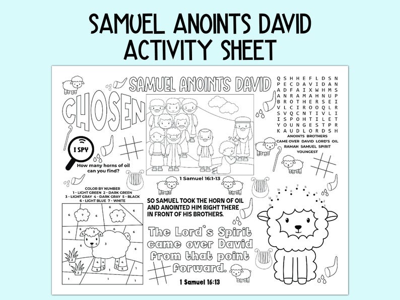 Samuel Anoints David Activity Sheet, Children's Church Activity, Bible ...