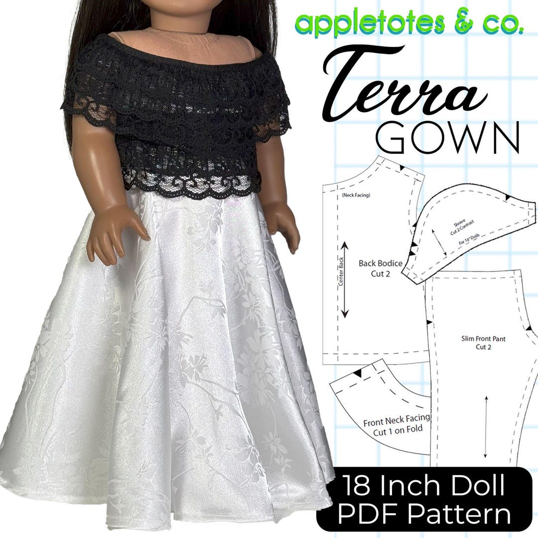 Terra Gown Sewing Pattern for 18" Doll: Lace Overlay Dress (PDF Pattern ...
