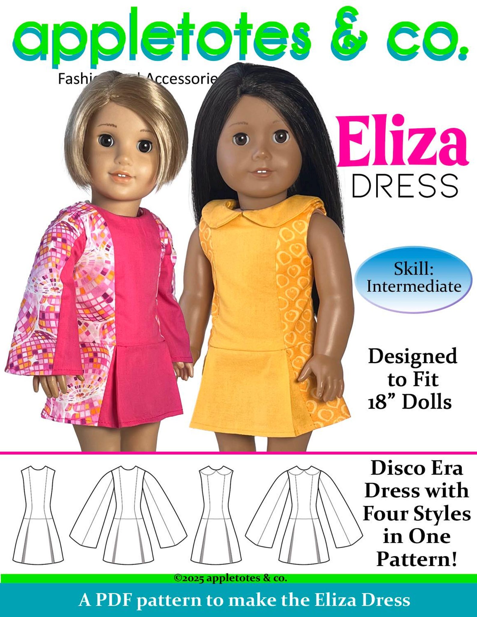 Eliza 70s Doll Dress Sewing Pattern: 4-in-1 Retro Disco Style (PDF ...