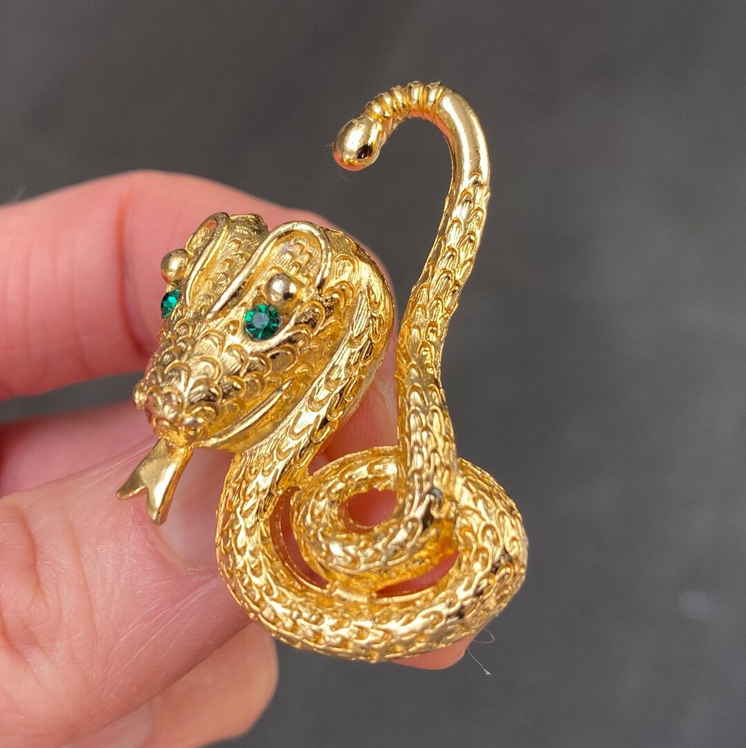Vintage Snake Brooch Pin, 18k Gold Plated With Green Swarovski Crystals ...