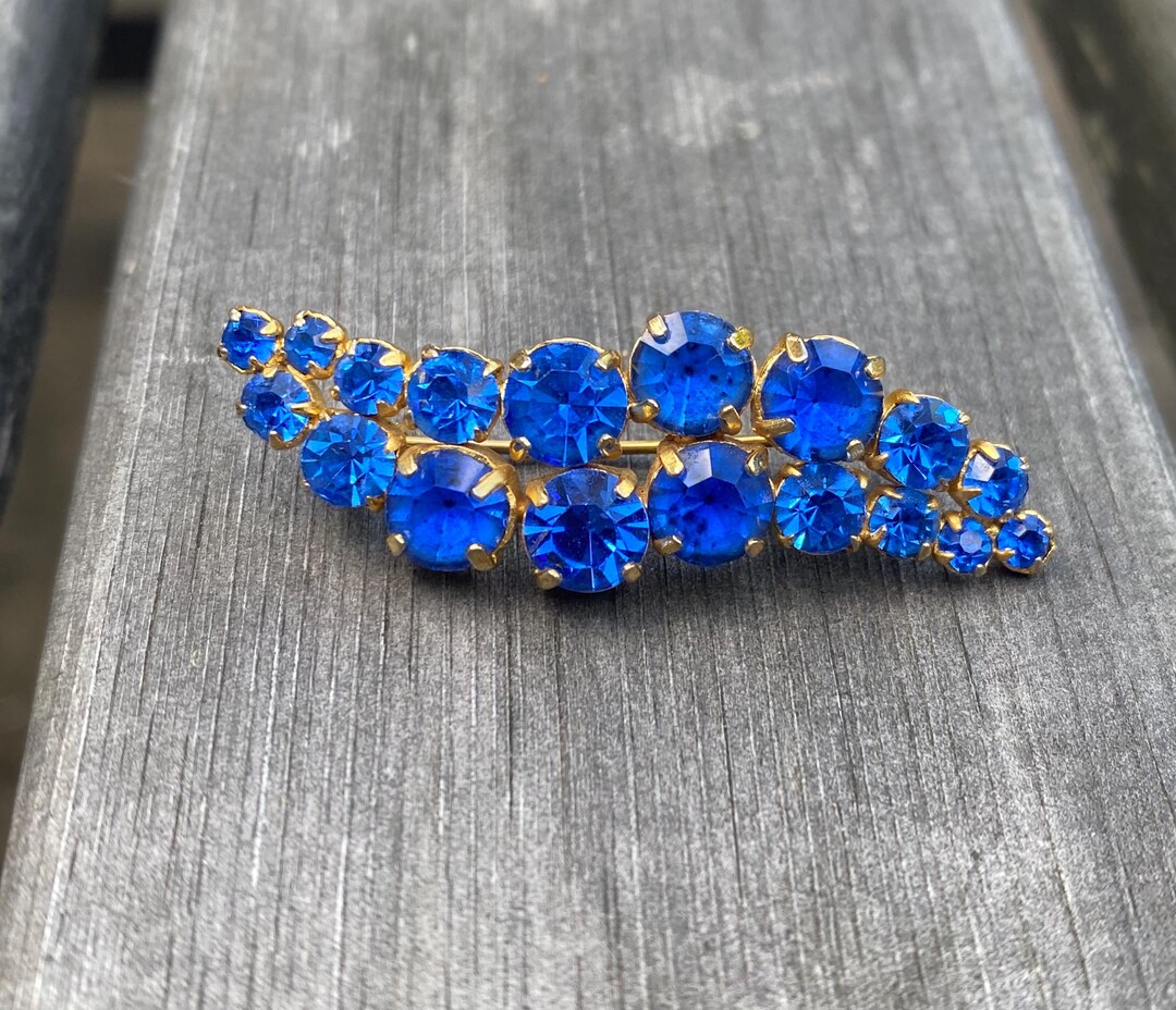 Vintage Blue Rhinestone Brooch, Curved Paste Brooch - Etsy