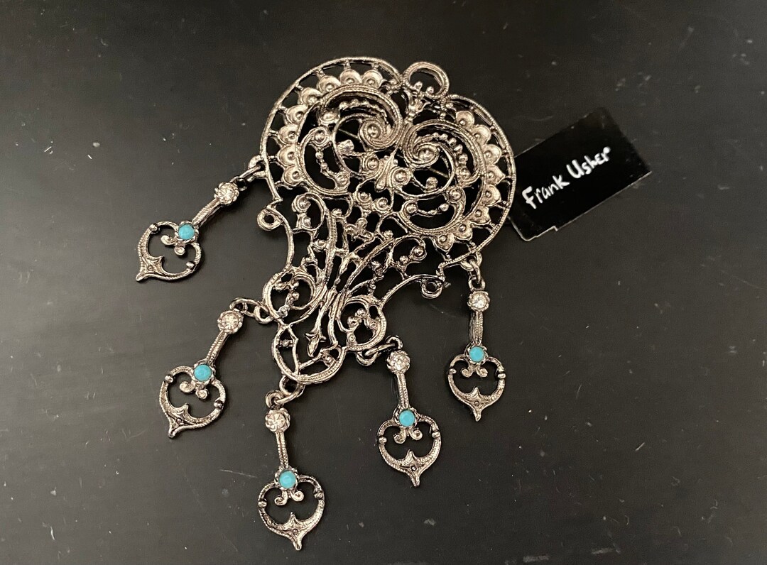 Vintage Frank Usher Brooch: Silvertone Filigree Heart Pendant With ...