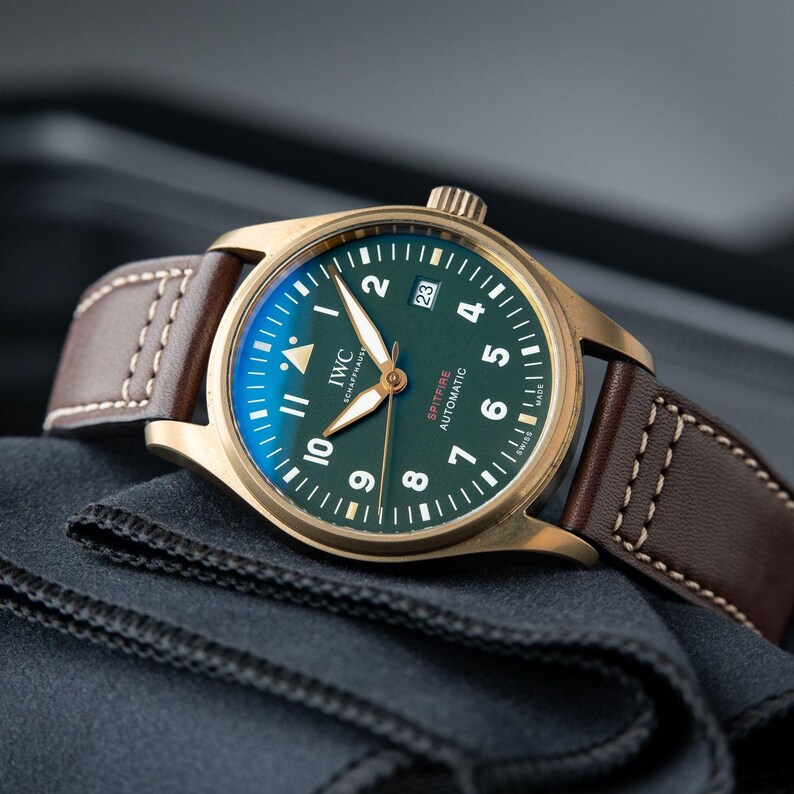 IWC Pilot's Watch Spitfire Bronze Date Green Dial 2 STRAPS/CLASPS ...