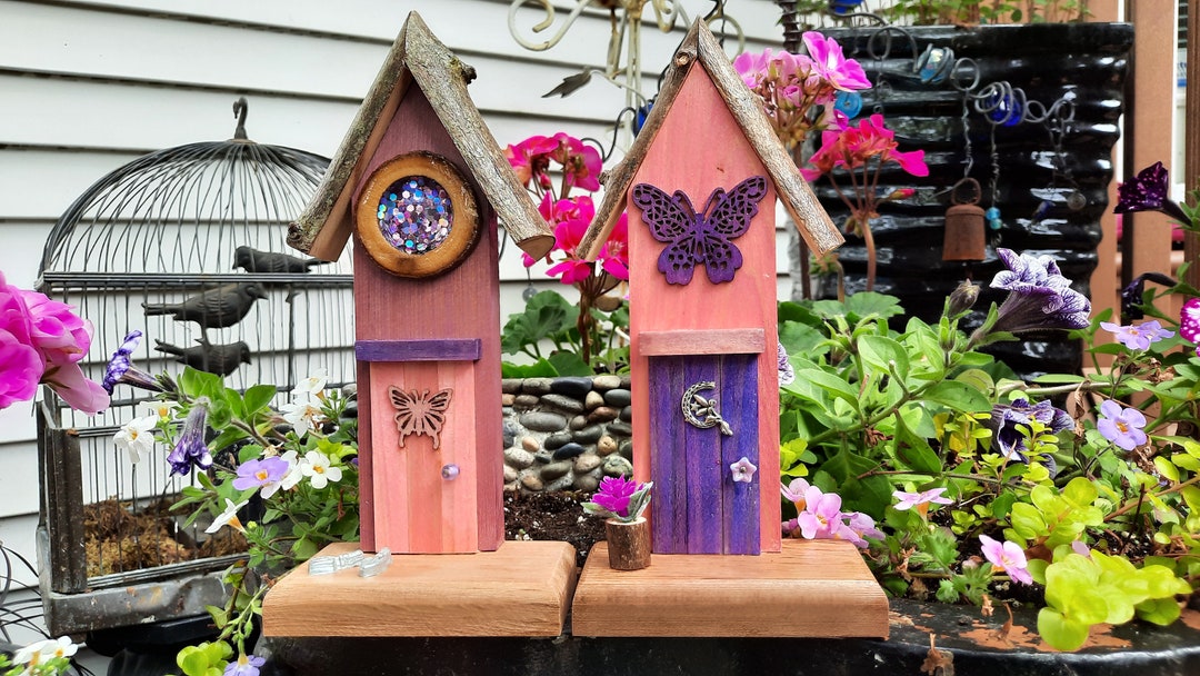 Pair of Pixie Houses Pink House With Purple Door Purple - Etsy