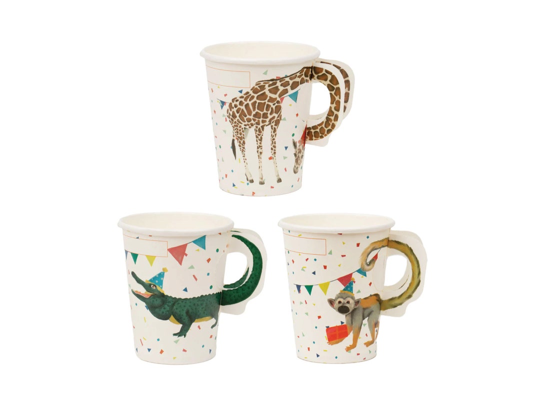 Safari Animal Paper Cups With Tail Handles (8ct) – Wild One Jungle ...