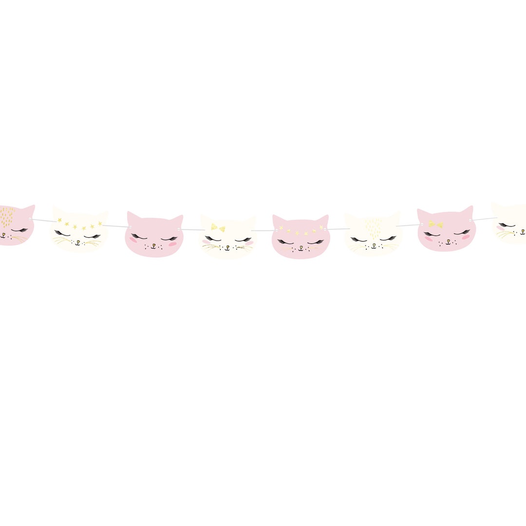 Kitty Cat Party Banner – Pink & White Pennant Garland With Gold Accents ...